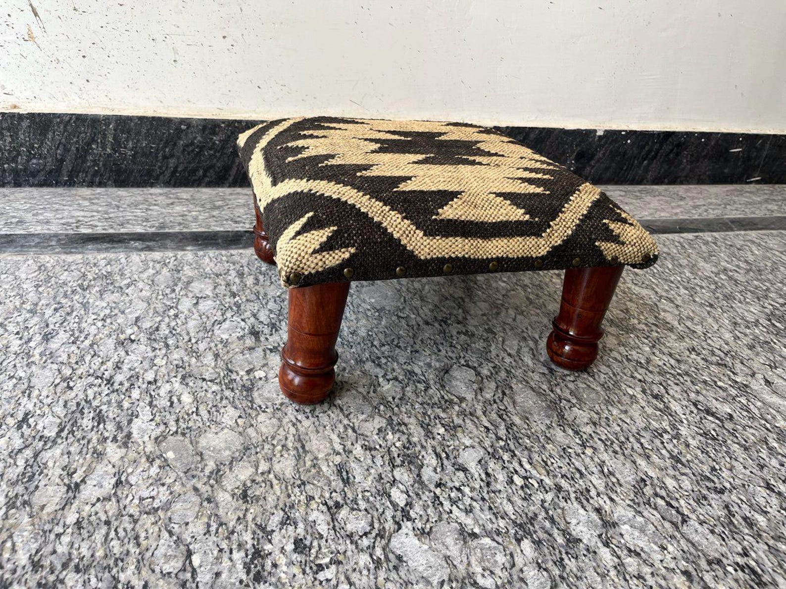 Handcrafted Acacia Wood Pouf | Low Kilim Upholstered Footstool Ottoman ...