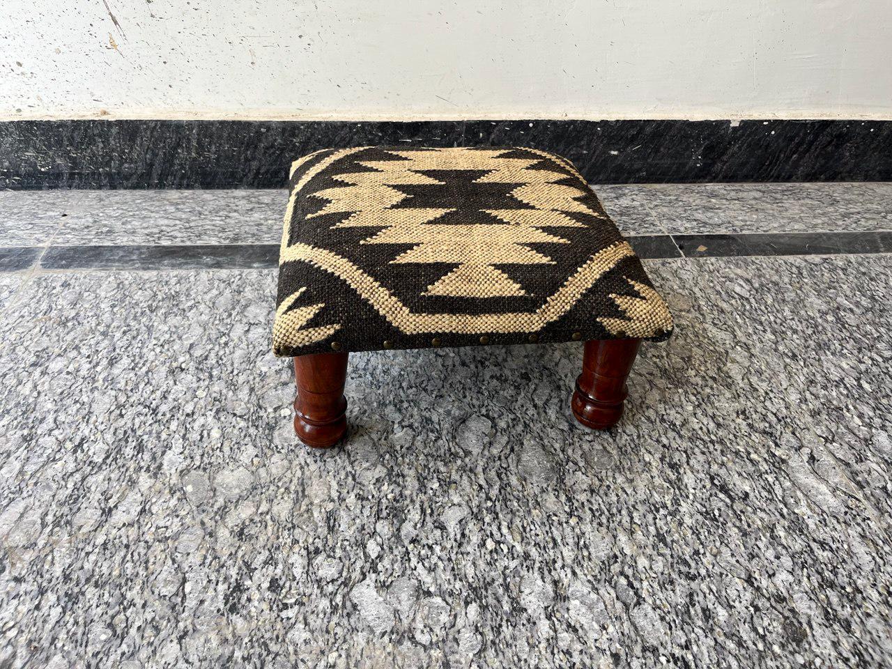 Handcrafted Acacia Wood Pouf | Low Kilim Upholstered Footstool Ottoman ...
