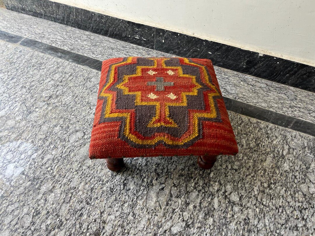 Red Kilim Upholstered Stool Boho Aztec Pattern, Studded Detail ...