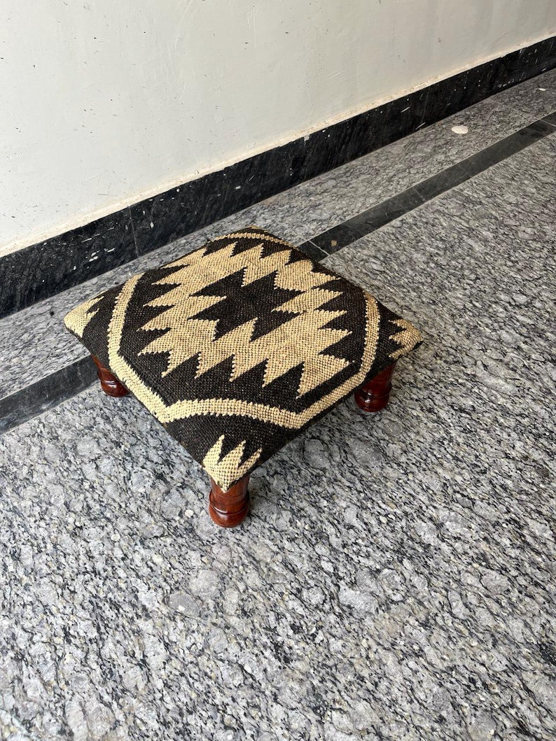 Handcrafted Acacia Wood Pouf | Low Kilim Upholstered Footstool Ottoman ...
