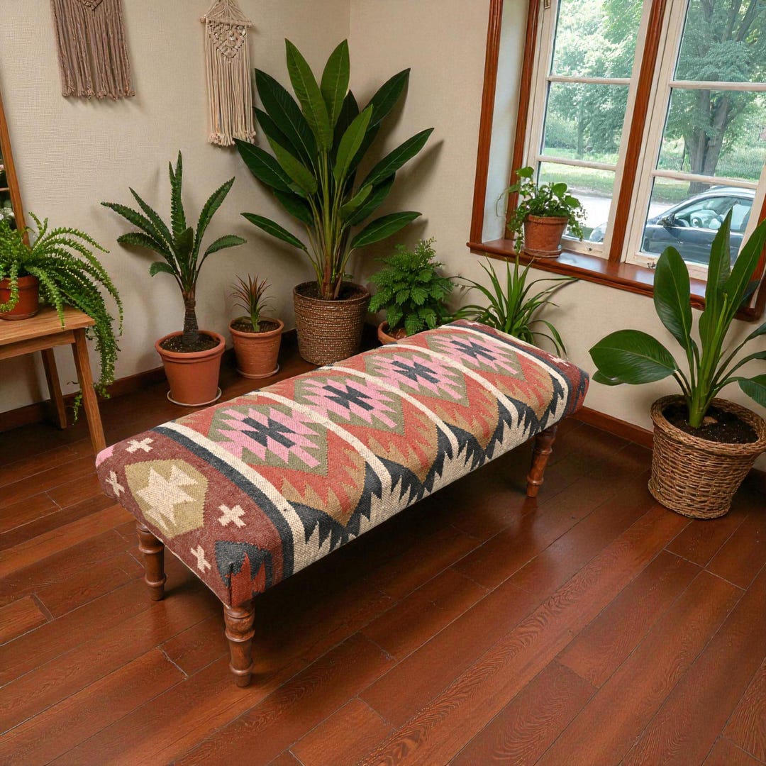 Wool Jute Rug Bench, Upholstered Bench, Handmade Furniture, Footstool ...