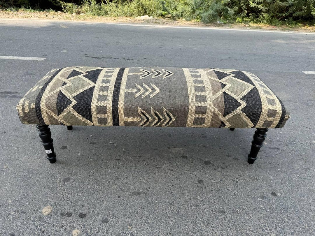 Wool Jute Rug Bench, Upholstered Bench, Handmade Furniture, Footstool ...