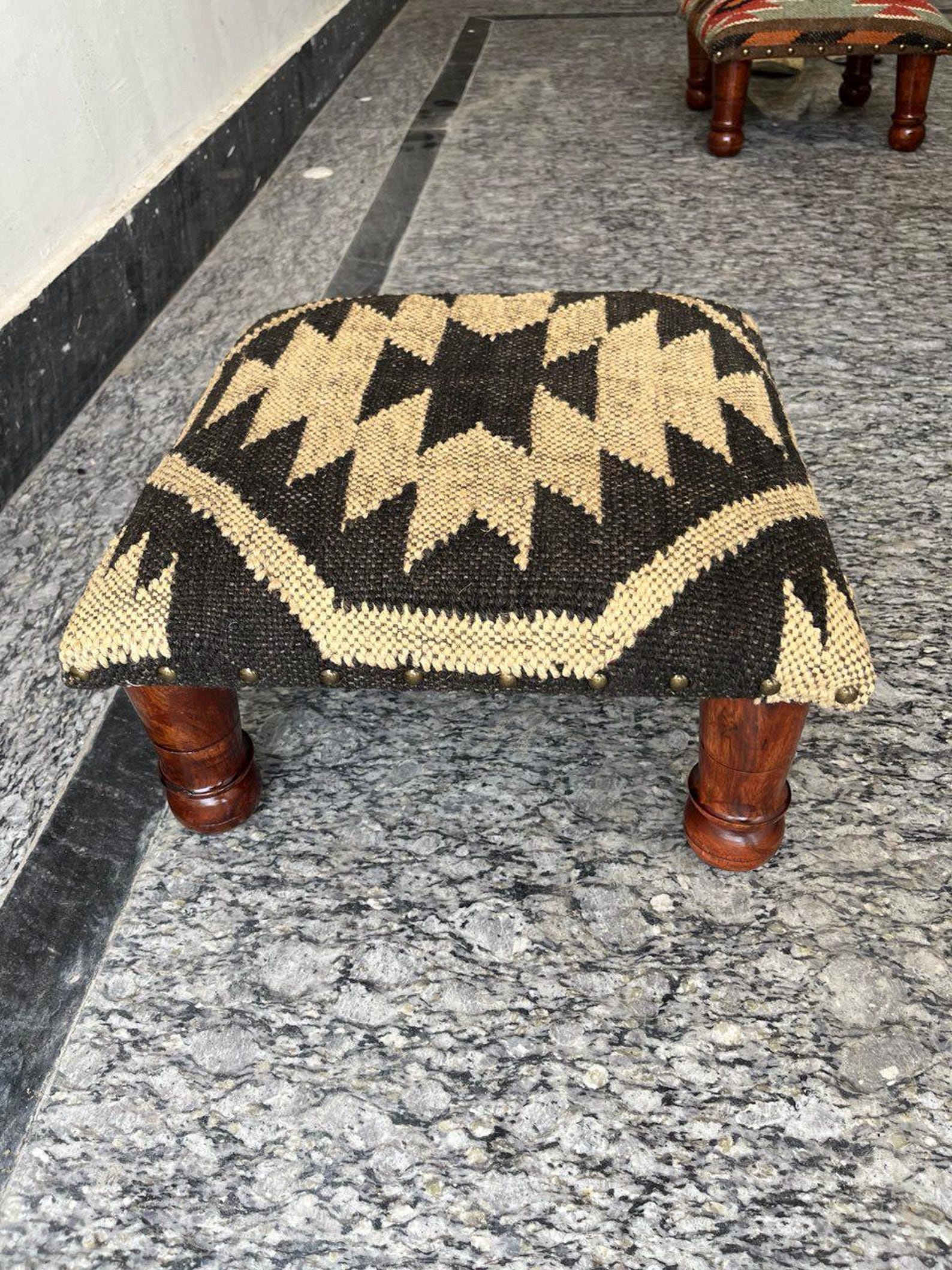 Handcrafted Acacia Wood Pouf | Low Kilim Upholstered Footstool Ottoman ...