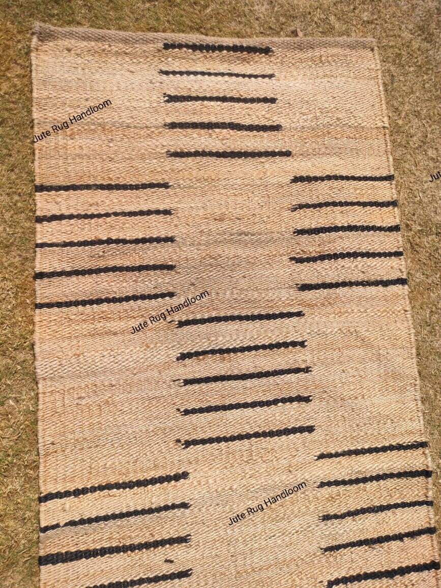 Handmade Jute Runner Rug, Vintage Jute Runner, Natural and Black Strip ...