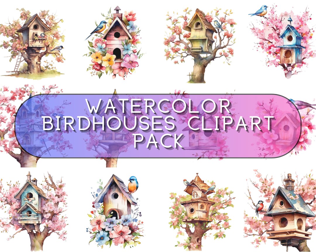 Watercolor Floral Bird Houses Clipart Pack Cute Birdhouses - Etsy