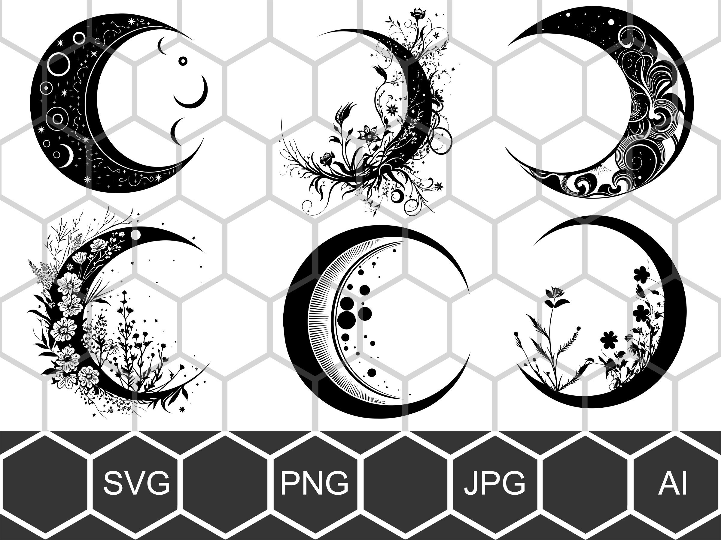 Crescent Moon Svg Floral Moon Svg Floral Svg Svg Bundle - Etsy