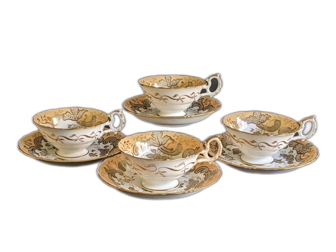 Four Antique Alcock & Co Bone China Tea Cups and Saucers - Etsy