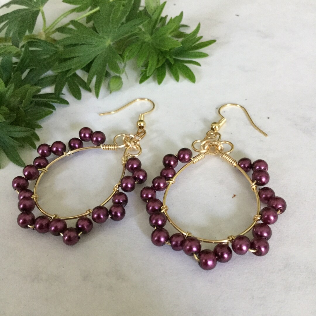 Magenta and Gold Wire-wrapped Teardrop Hoop Dangle Earrings - Etsy