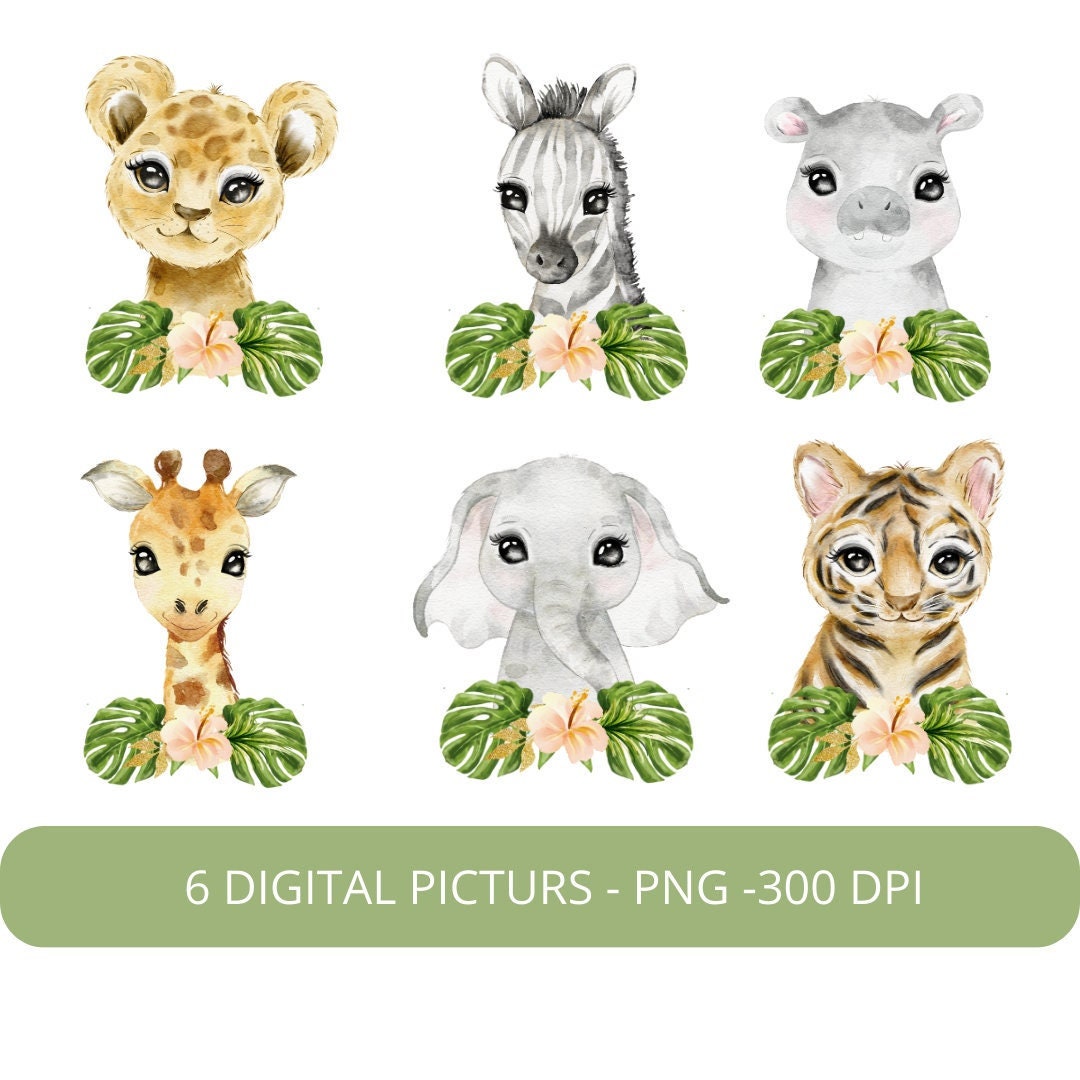 PNG Set of 6 Safari Baby Animal Prints Safari Animal Prints Watercolor ...