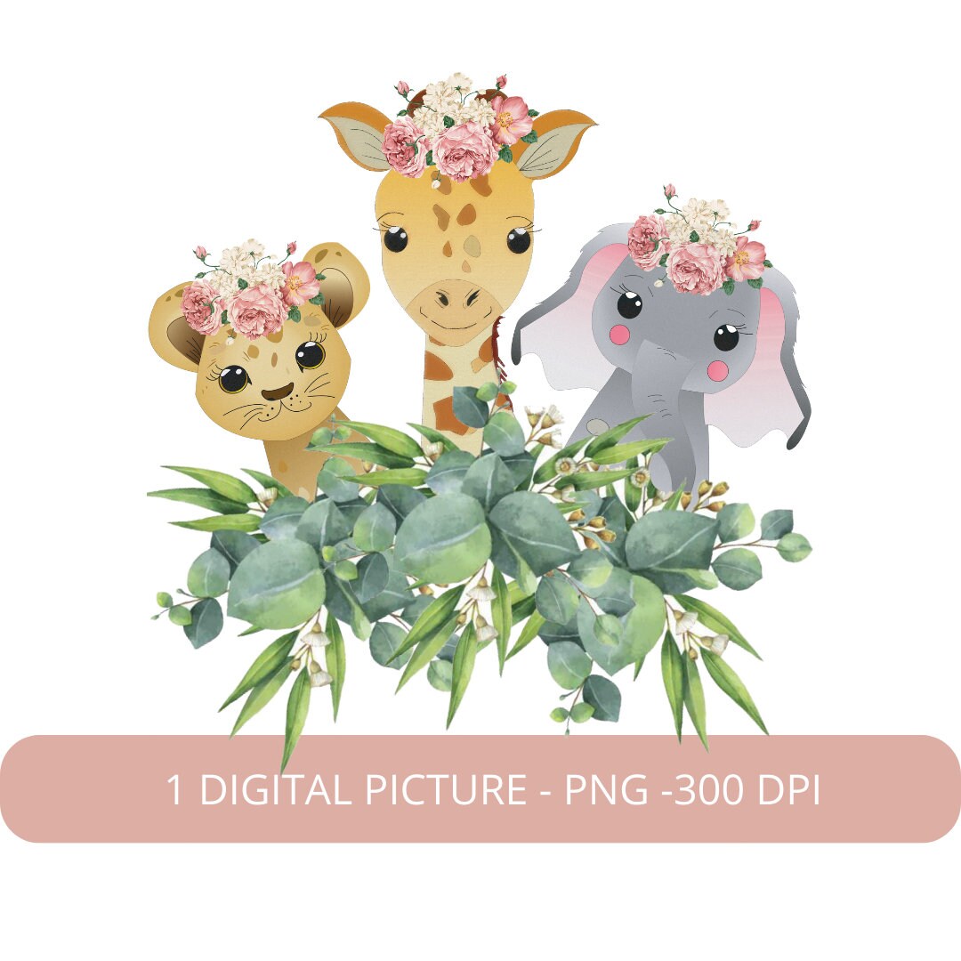PNG Floral Safari Baby Animals, Watercolour Kids Animals Sublimation ...