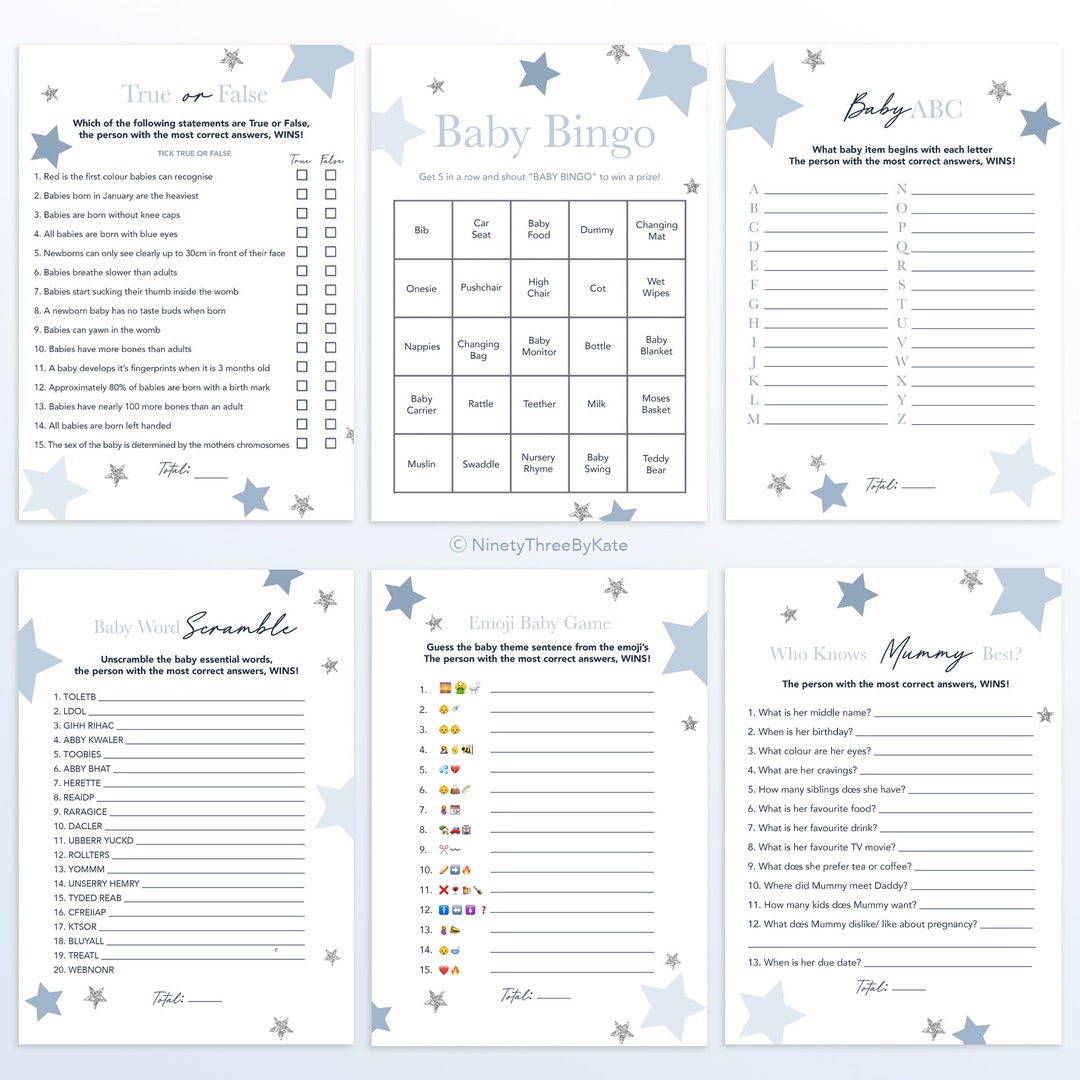 Blue Star Theme Baby Shower Game Bundle *digital Download* - Etsy