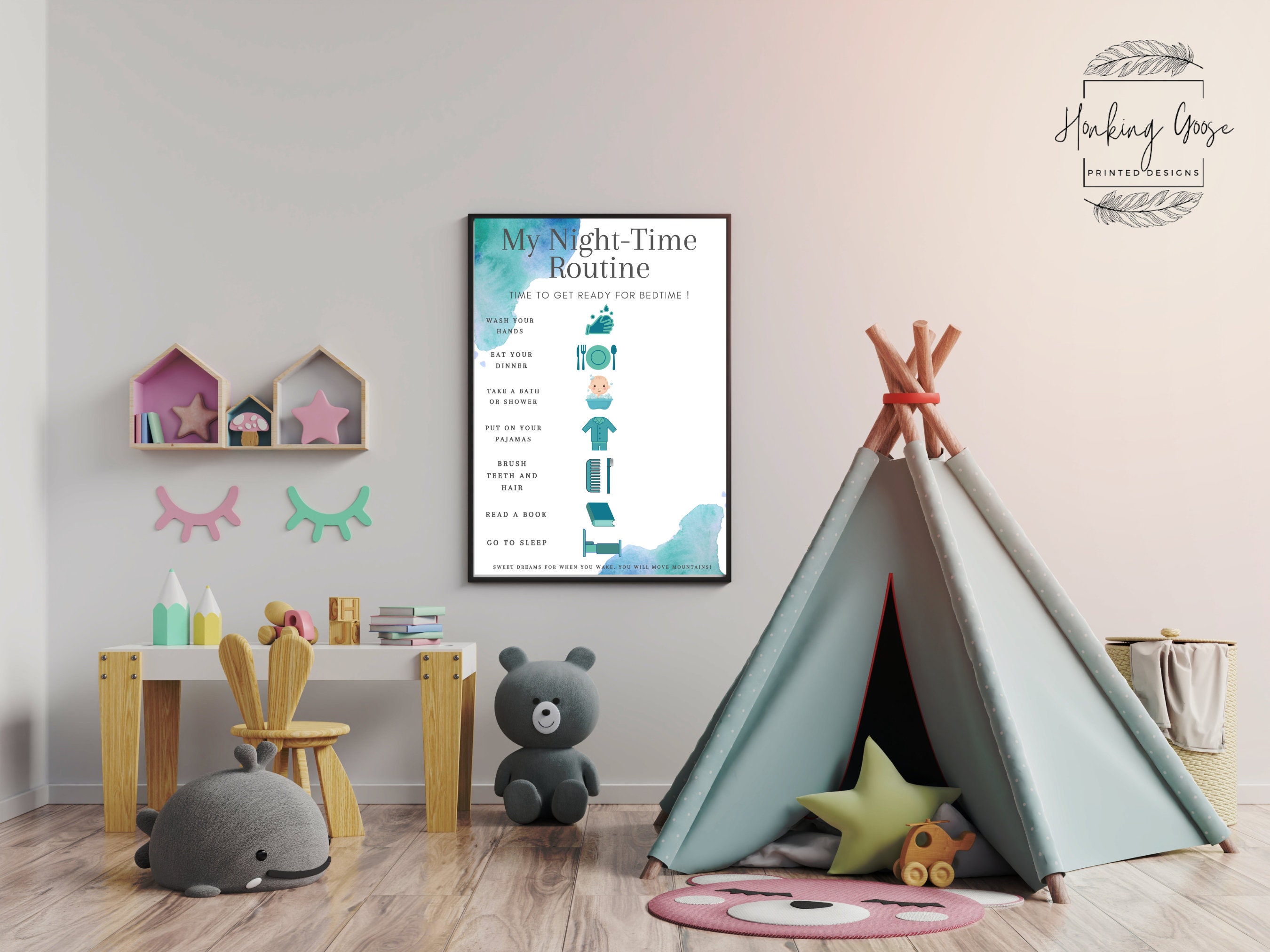 Blue Watercolour Visual Night Routine Chart for All Ages,homeschool ...