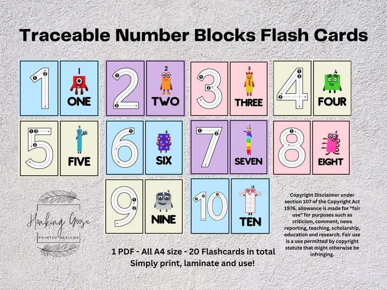 Number Blocks Themed Traceable Educational Cards,homeschool Printables ...