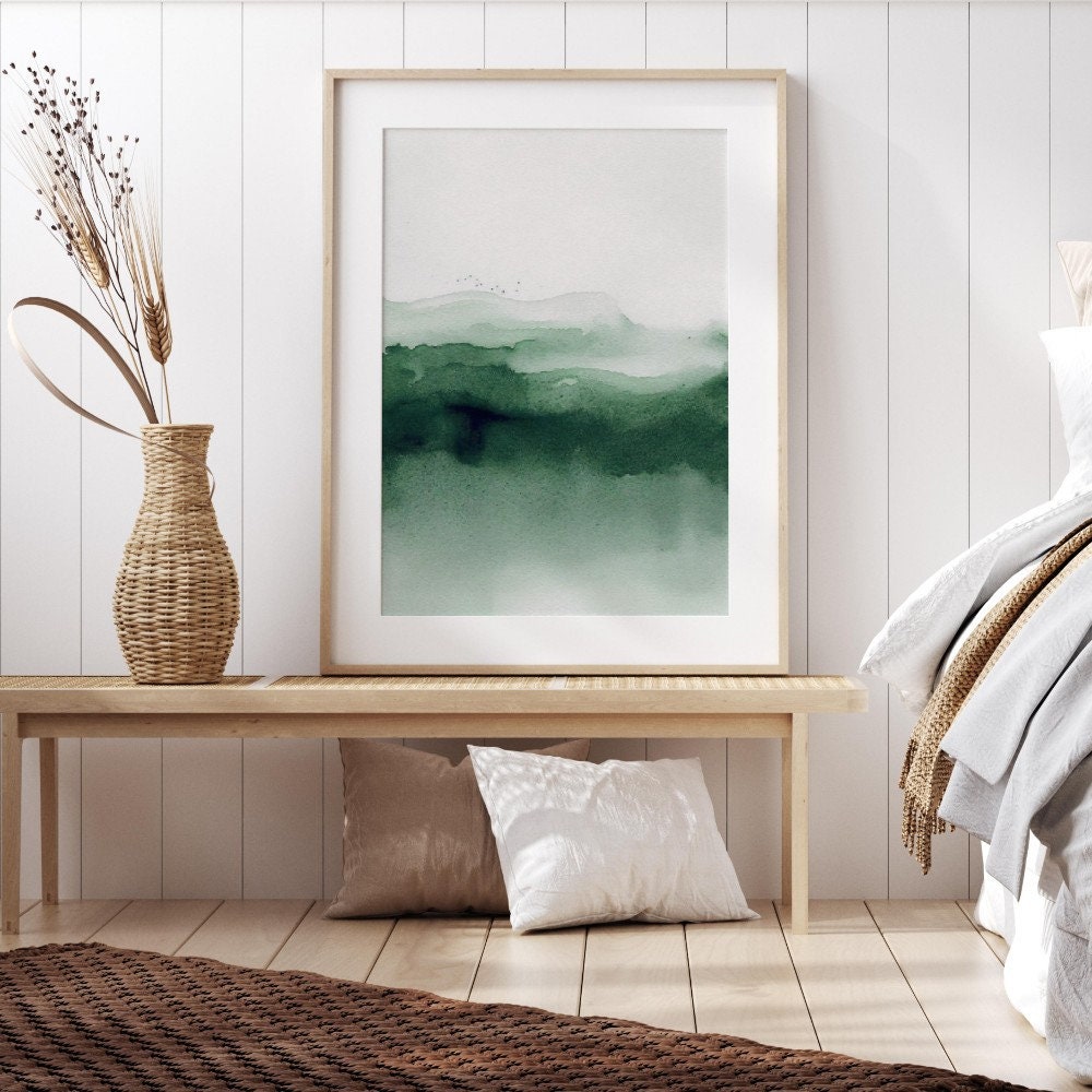 Emerald Green Abstract Art Print, Modern Minimalist Watercolor Painting ...