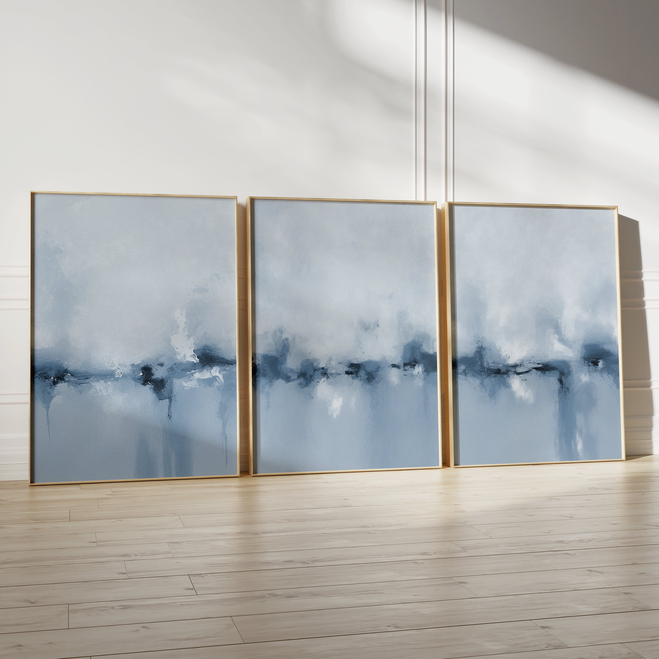Modern Navy Blue Abstract Wall Art Set, Minimalist Neutral Abstract ...