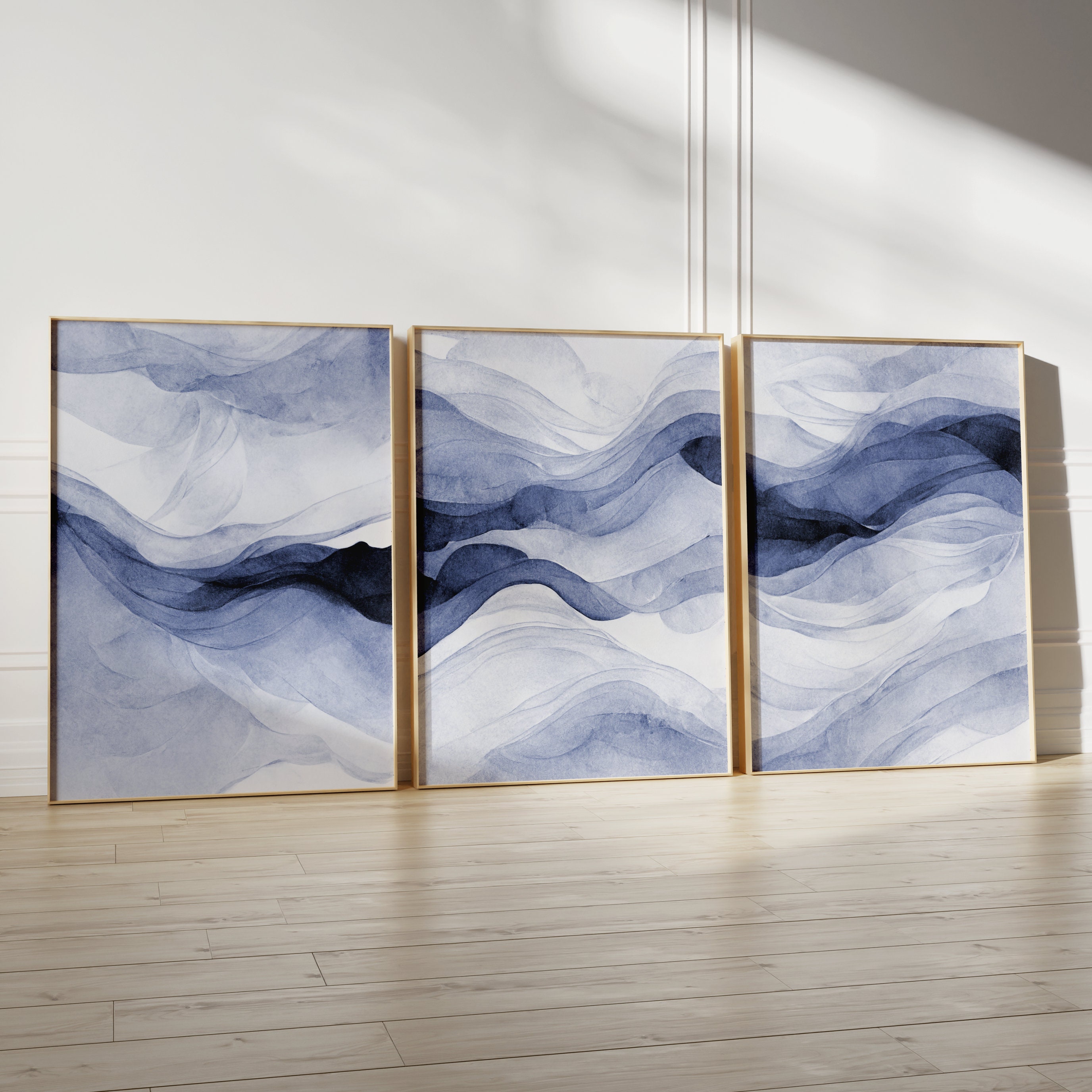 Dark Blue Abstract Wall Art, Watercolor Waves, Printable Wall Art Set ...