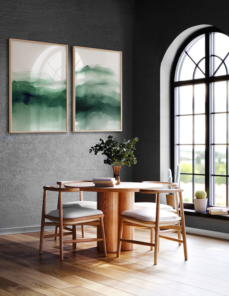 Emerald Green Abstract Wall Art, 3 Piece Set, Dark Green Prints ...