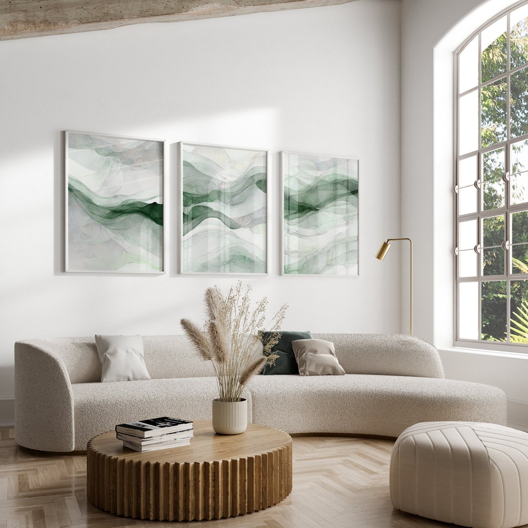 Modern Emerald Green Abstract Wall Art Set, Sage Green Minimalist ...