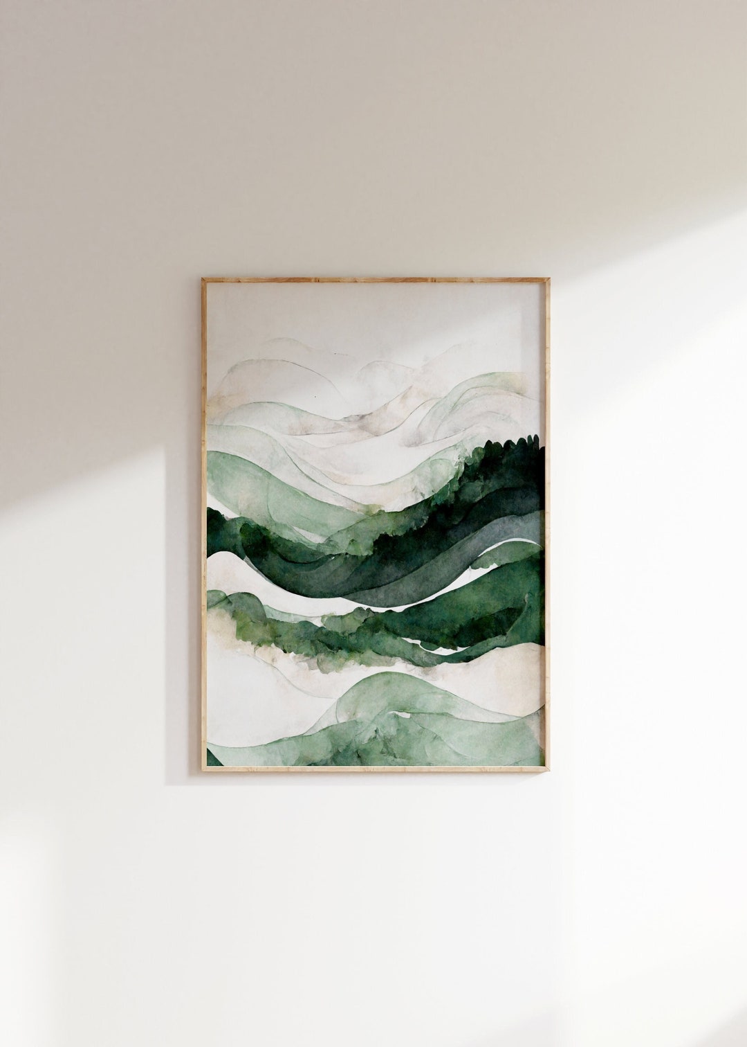 Emerald Green Abstract Wall Art, Minimalist Modern Watercolor Waves ...