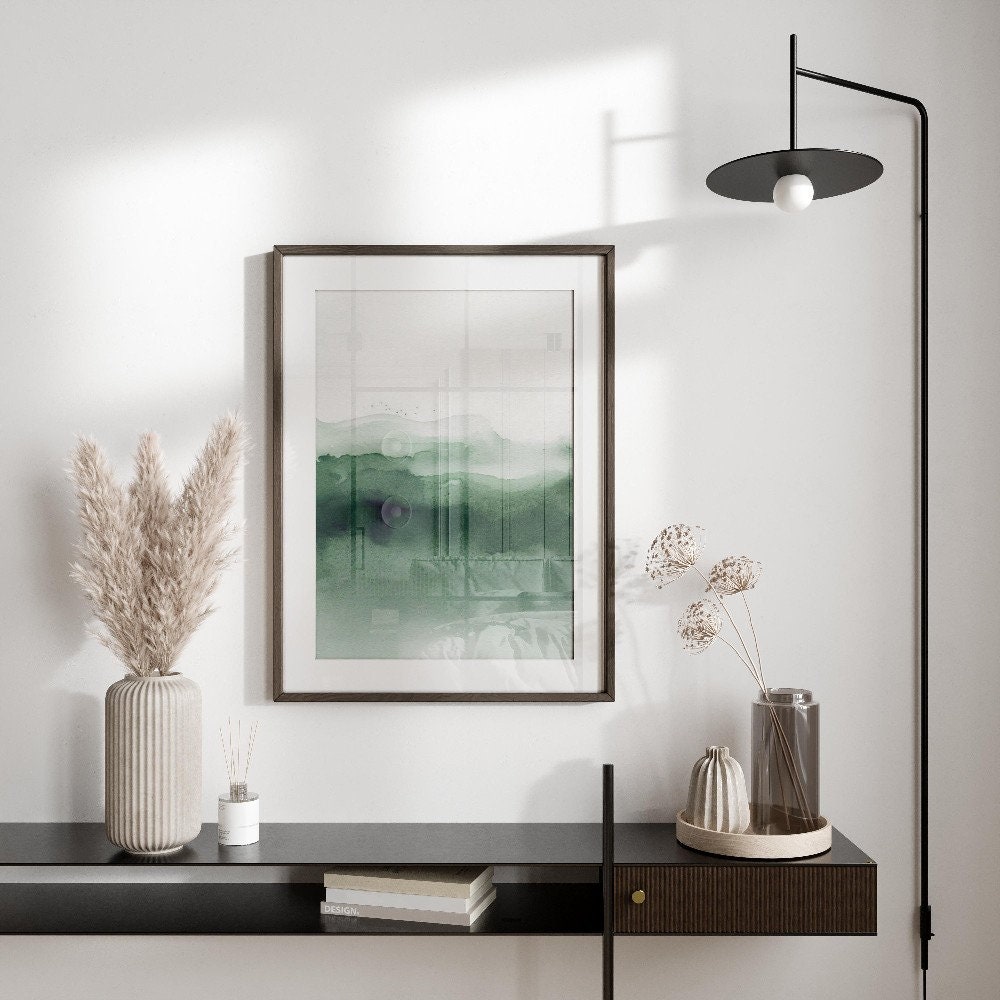 Emerald Green Abstract Art Print, Modern Minimalist Watercolor Painting ...