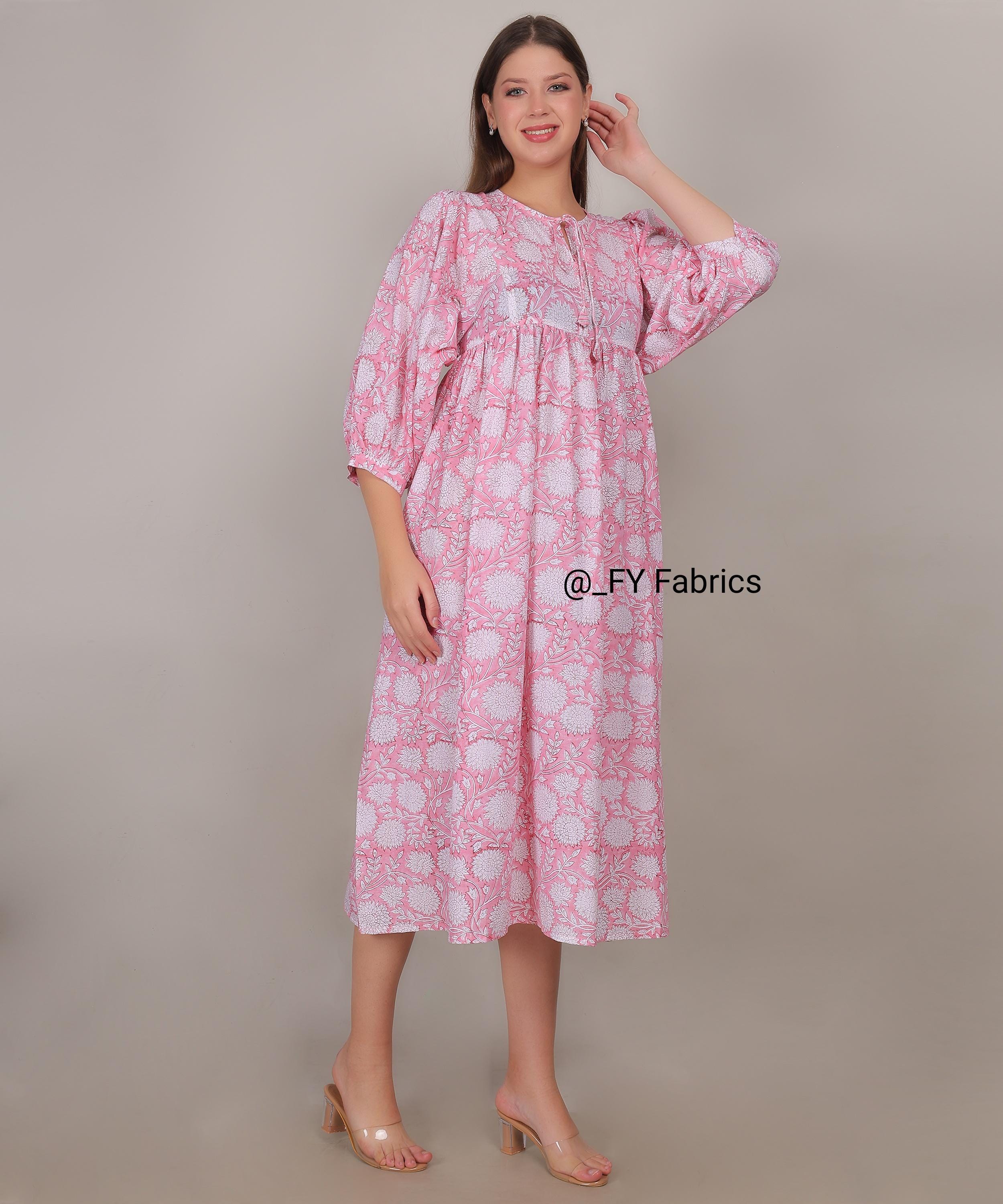 Pink Block Print Cotton Dress Mini Dress, Summer Dress for Women, Midi ...