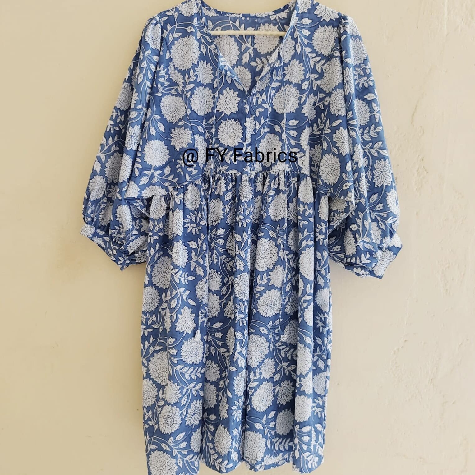 Blue Block Print Dress Cotton Mini Dress, Summer Dress for Women, Midi ...