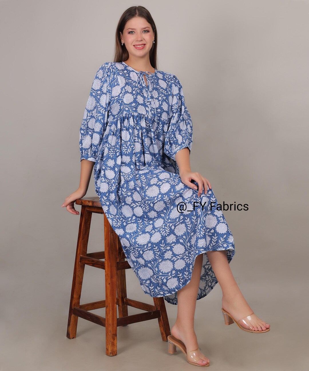 Blue Block Print Dress Cotton Midi Dress, Summer Dress for Women, Mini ...