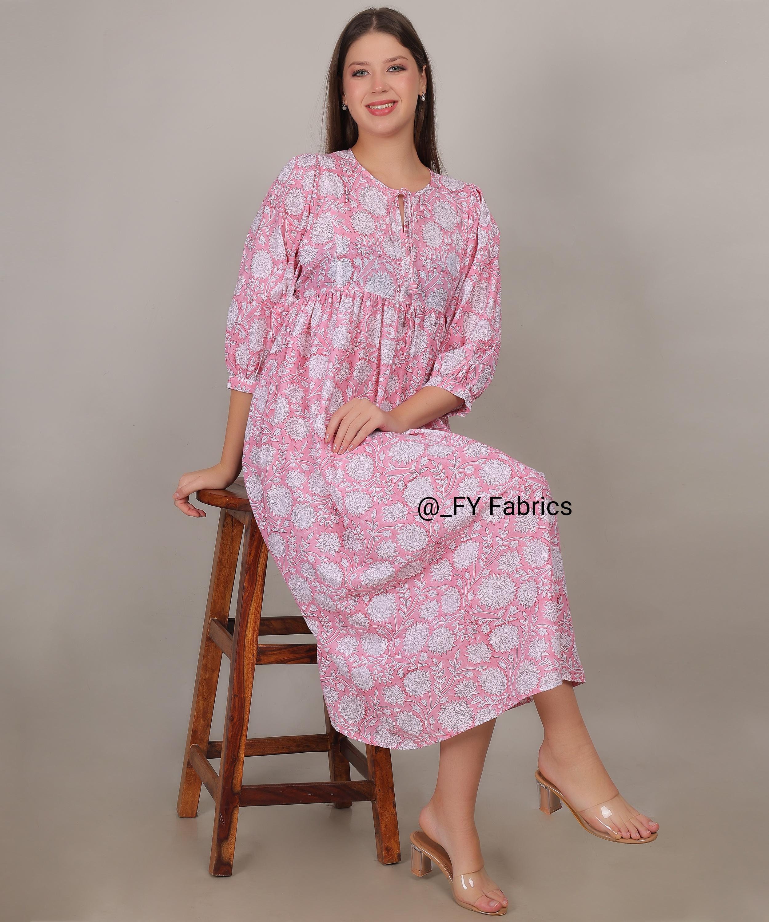 Pink Block Print Cotton Dress Mini Dress, Summer Dress for Women, Midi ...