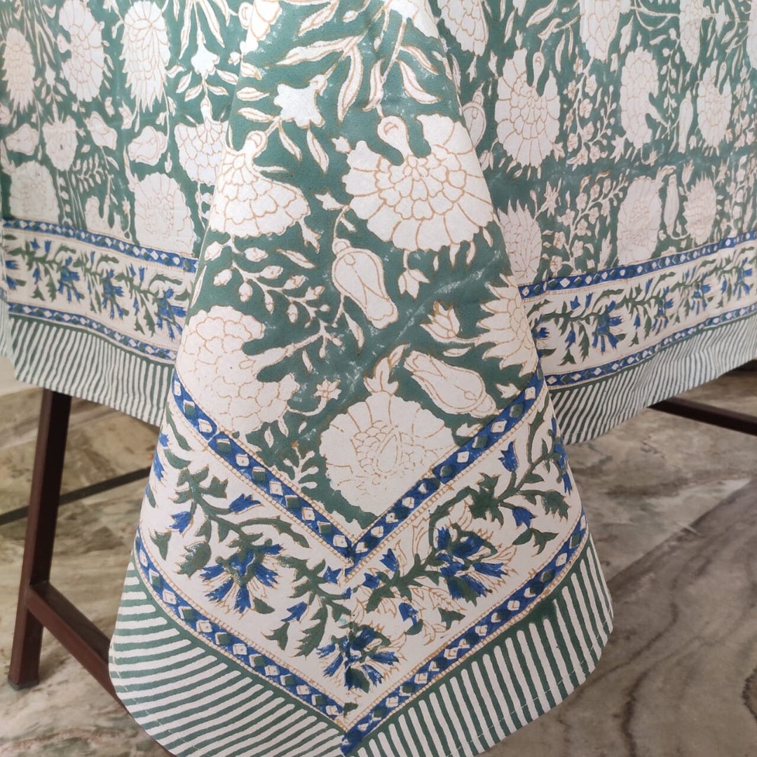 Green Hand Block Print Tablecloth, Indian Floral Table Cover, Farmhouse ...