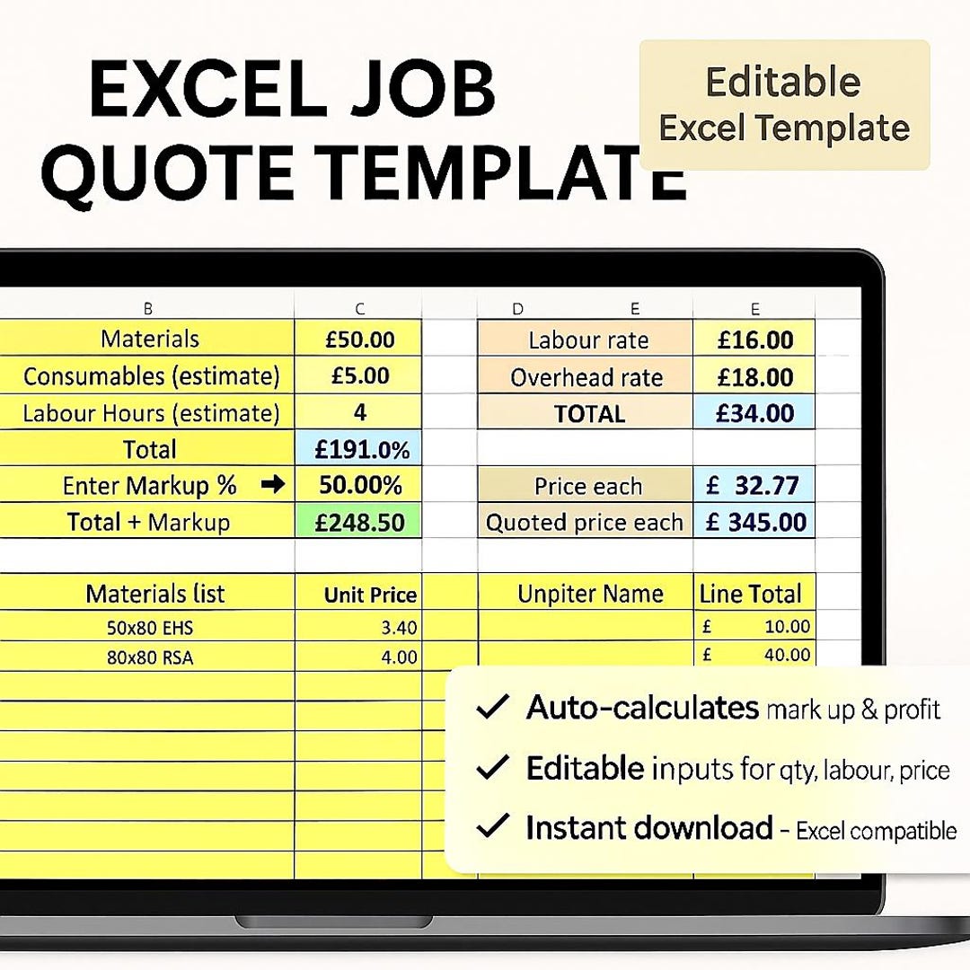 Excel Job Costing Template: Materials & Labor Estimator (digital ...