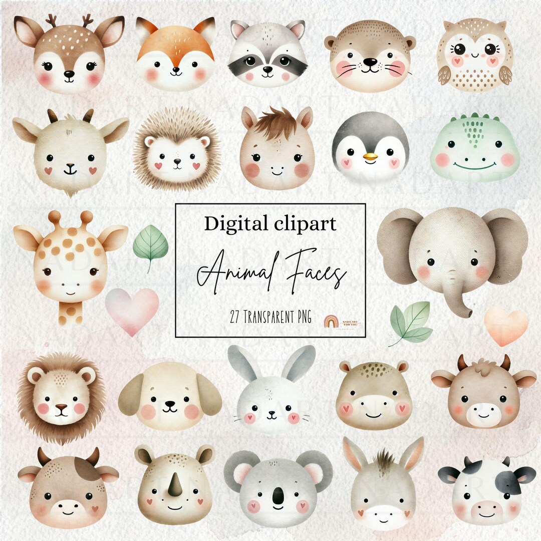 Watercolor Animal Faces Clipart, Cute Animals, Nursery Art, Digital ...