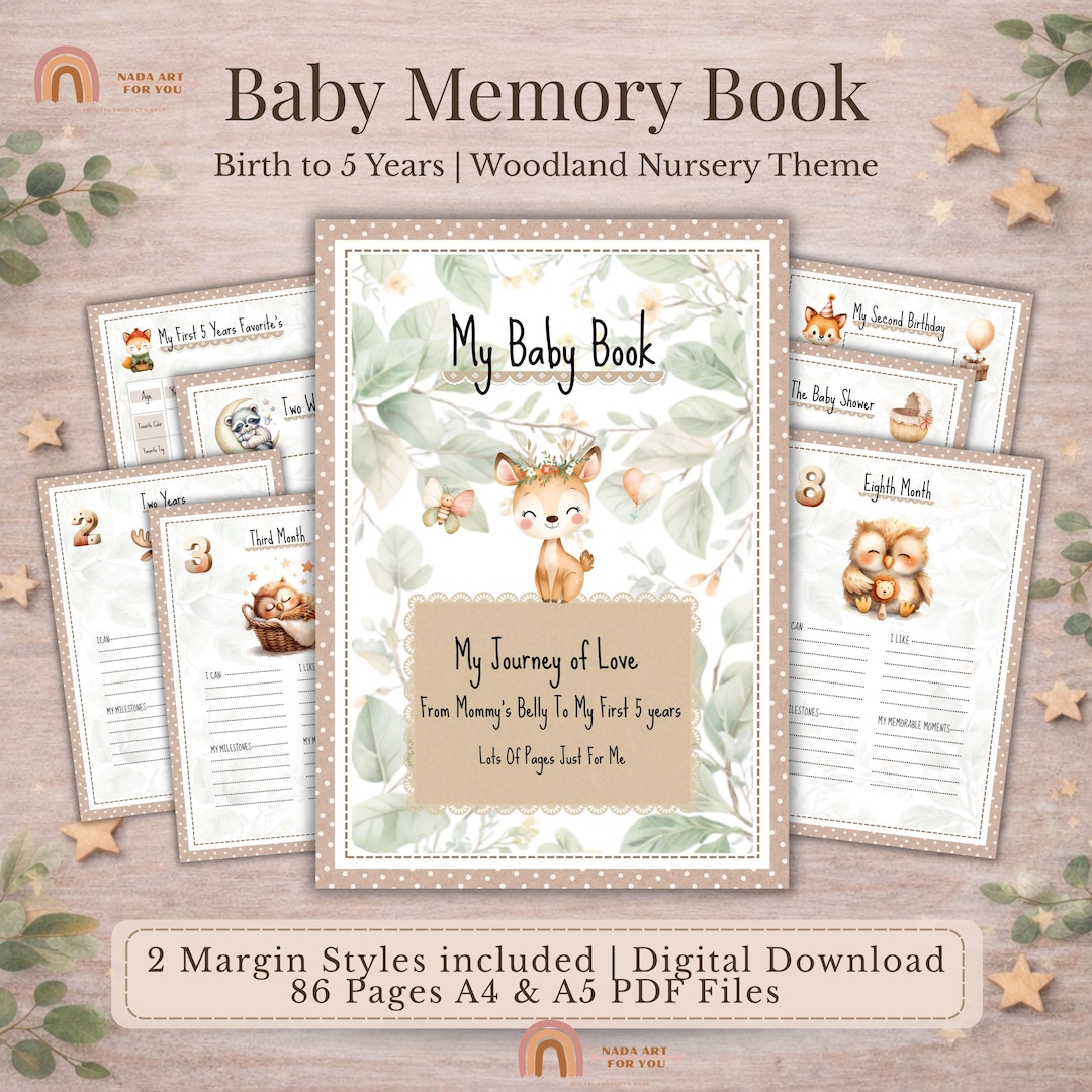 Printable Baby Memory Book, 86-page Woodland Baby Journal, Birth to 5 ...