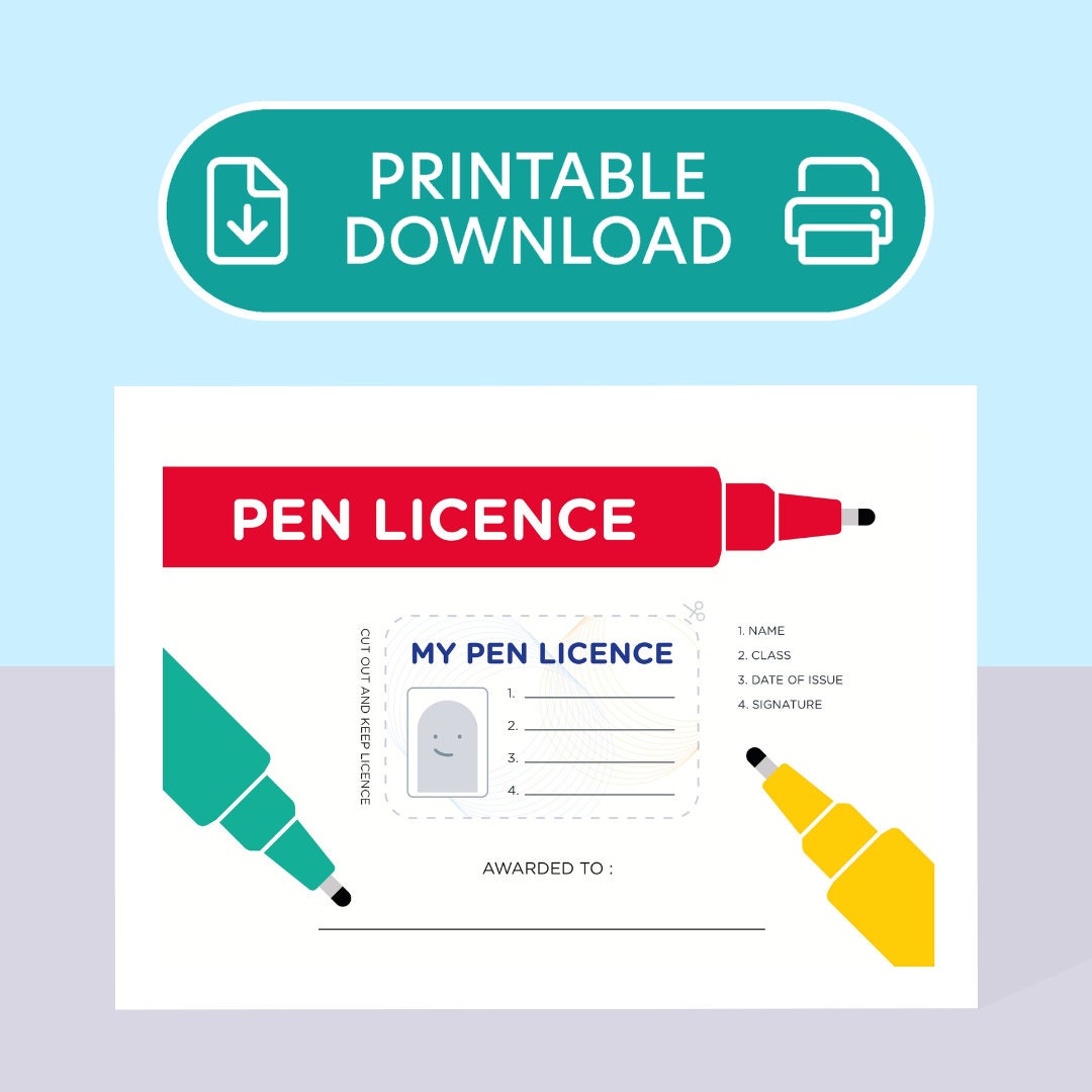 Pen Licence Primary School Printable Certificate - Instant Download ...