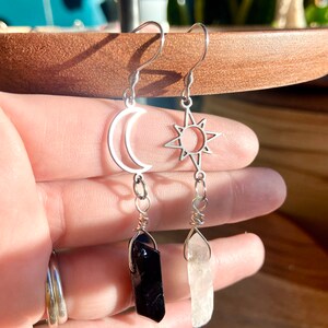 Sun Moon Earrings Crystal Raw Quartz Obsidian Stainless Steel Silver Dainty Dangle Celestial ...