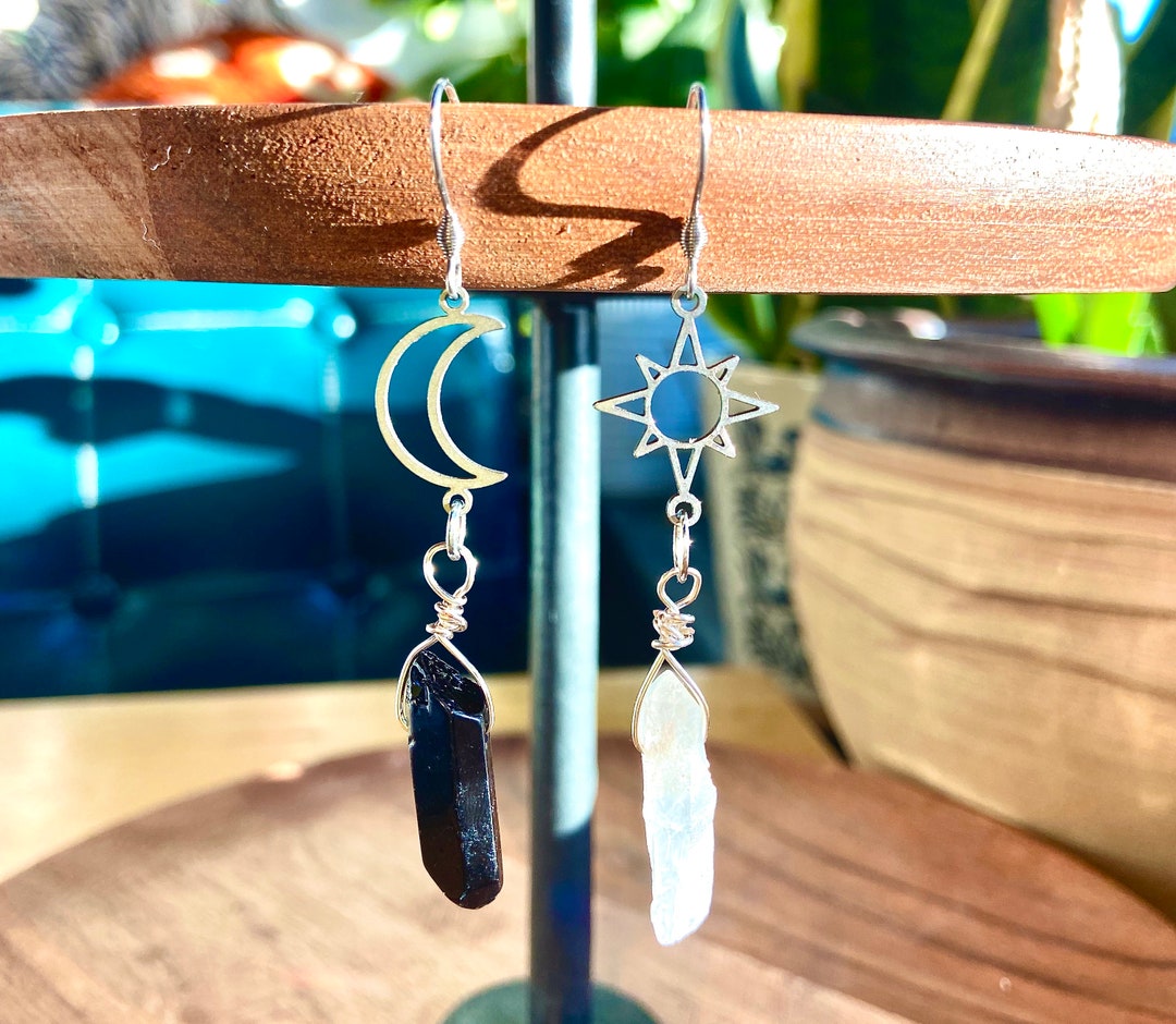 Sun Moon Earrings Crystal Raw Quartz Obsidian Stainless Steel Silver Dainty Dangle Celestial ...