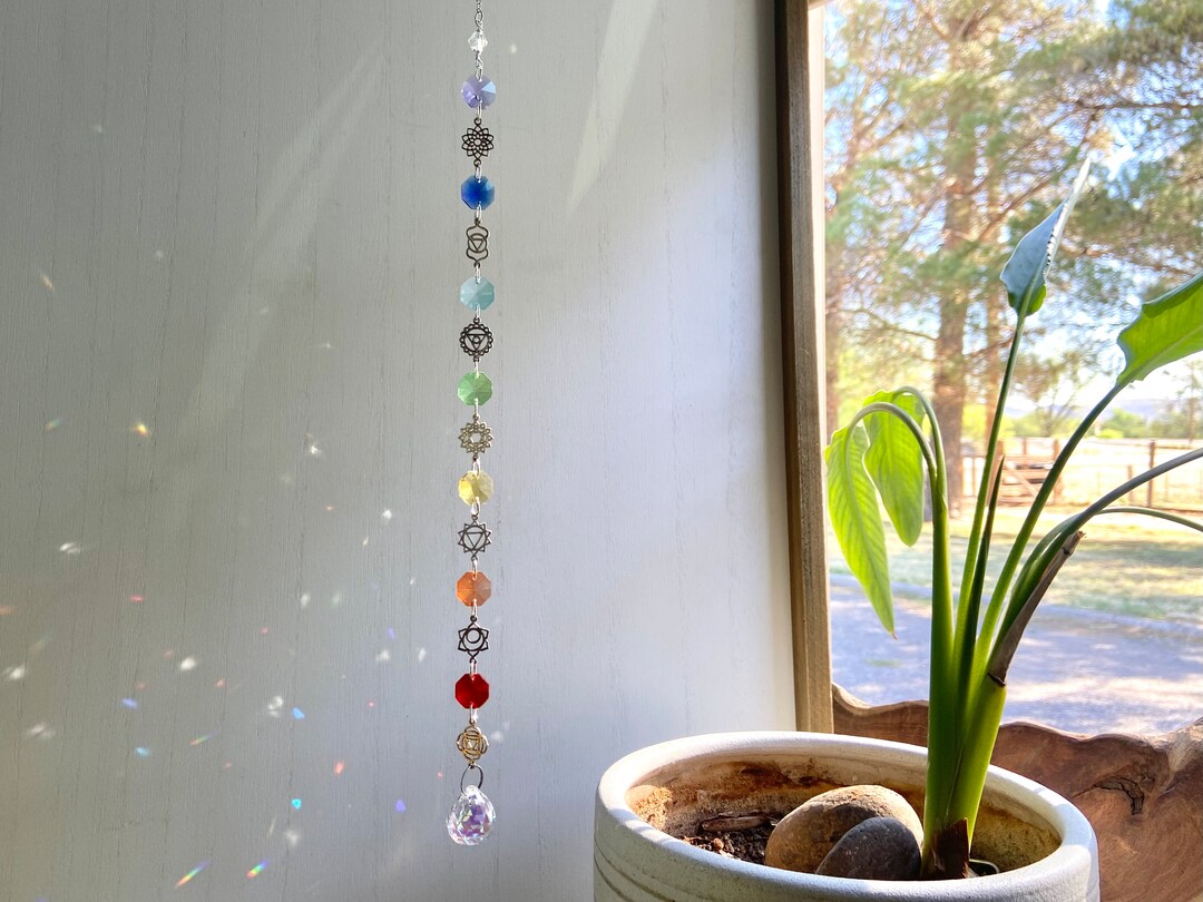 Chakra Suncatcher, Silver Metal Crystal Prism Rainbow Window Decor Yoga ...