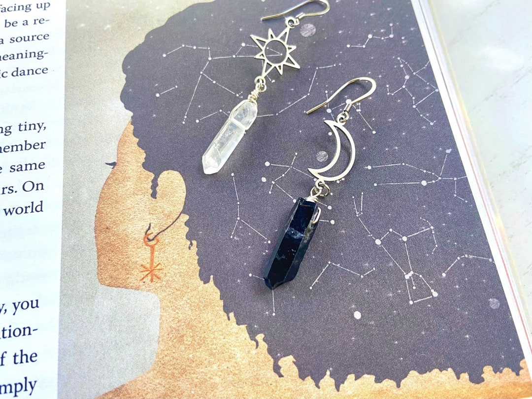 Sun Moon Earrings Crystal Raw Quartz Obsidian Stainless Steel Silver Dainty Dangle Celestial ...