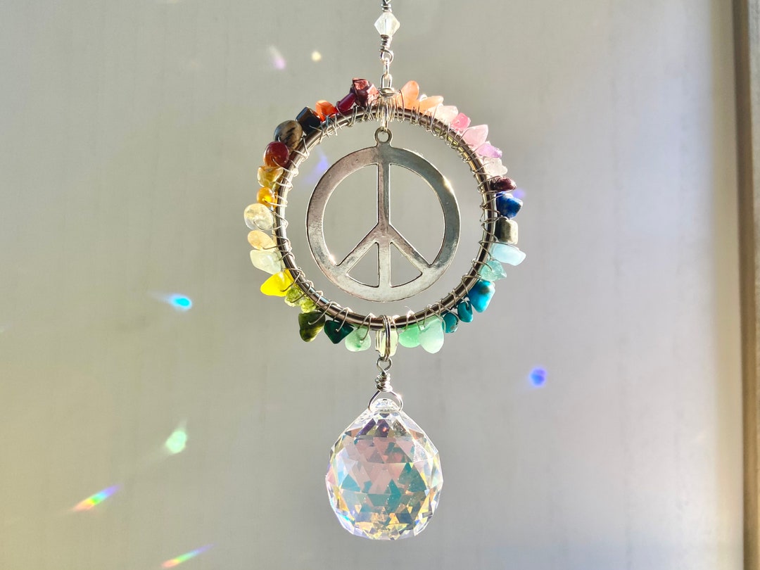Peace Rainbow Crystal Gemstone Prism Ornament Suncatcher, Peace Sign ...