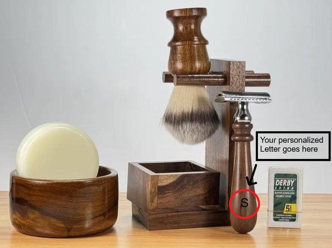 7PC Handmade Wood Shaving Set Safety Razor Brush Soap Bowl Mug Blades ...