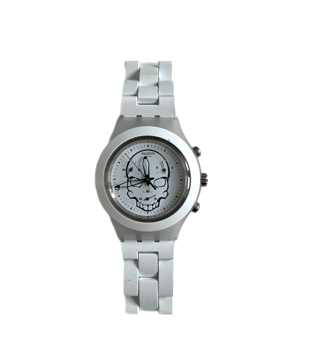Swatch Irony Diaphane Chrono FULL BLOODED WHITE Skull SVCW4000AG - Large Metal Strap - All ...