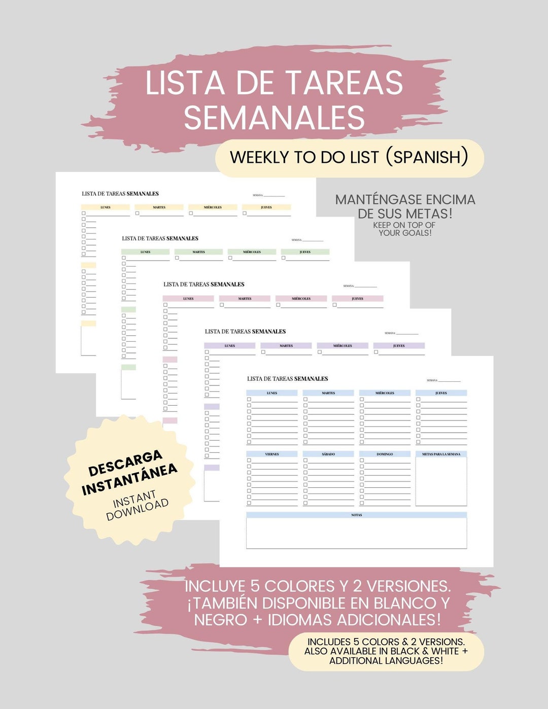 Spanish to Do List Lista De Tareas Semanales Imprimible En Color ...