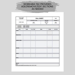 Basic Production Call Sheet Template | Film and Photo Production ...