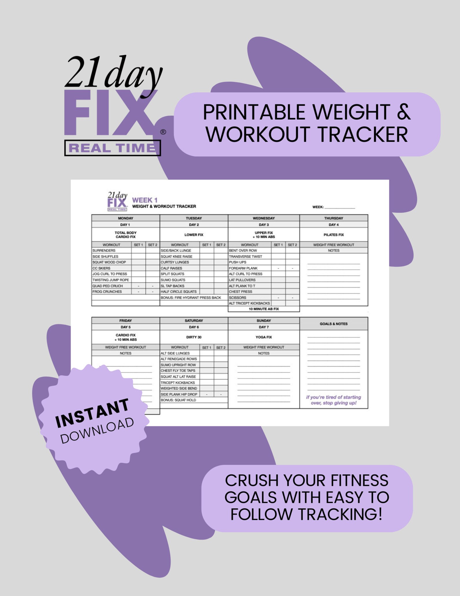 21 Day Fix Real Time | Weight & Workout Tracker + Notes - Etsy