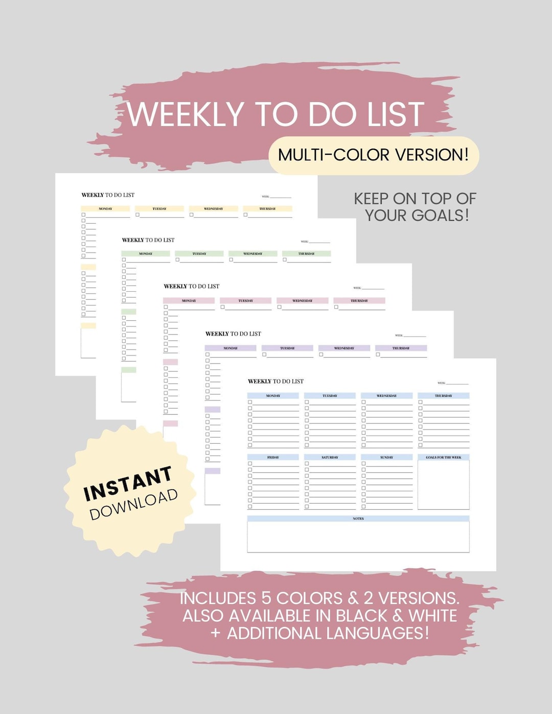 Weekly to Do List Color Printable Colorful Weekly Planner, Weekly Check ...