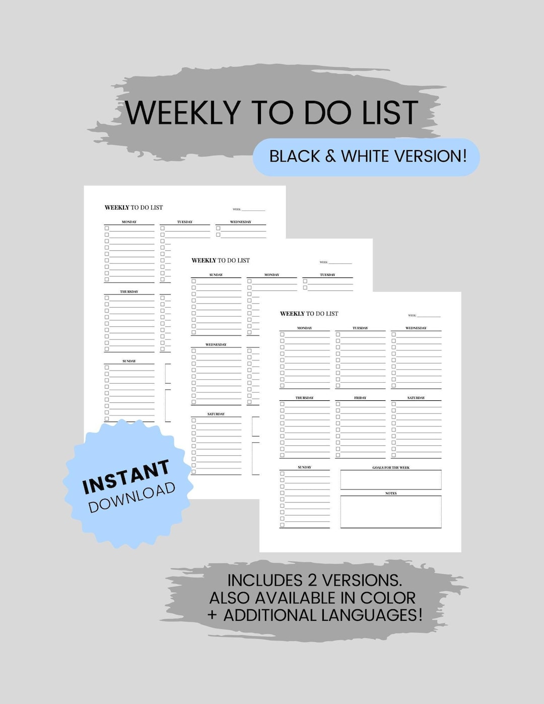Weekly to Do List Printable Black & White Weekly Planner, Weekly Check ...