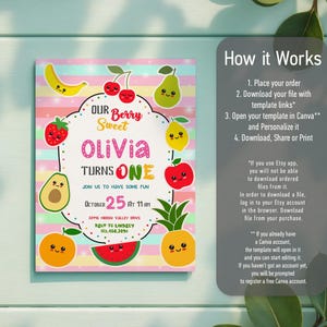 Dancing Fruits Birthday Invitation, Printable Hey Invite, Kawaii Party ...