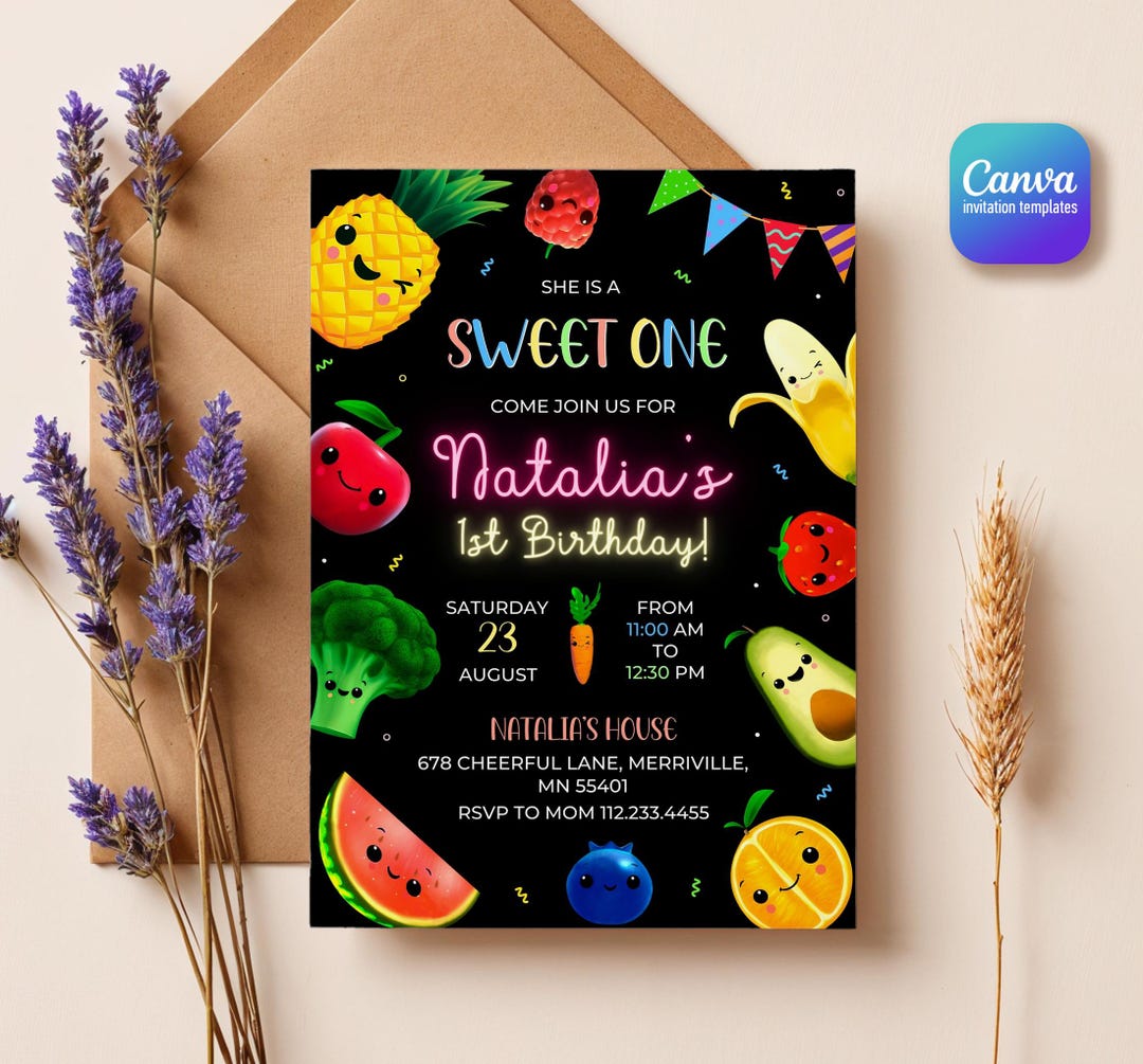 Dancing Fruits Birthday Invitation, Printable Hey Invite, Kawaii Party ...