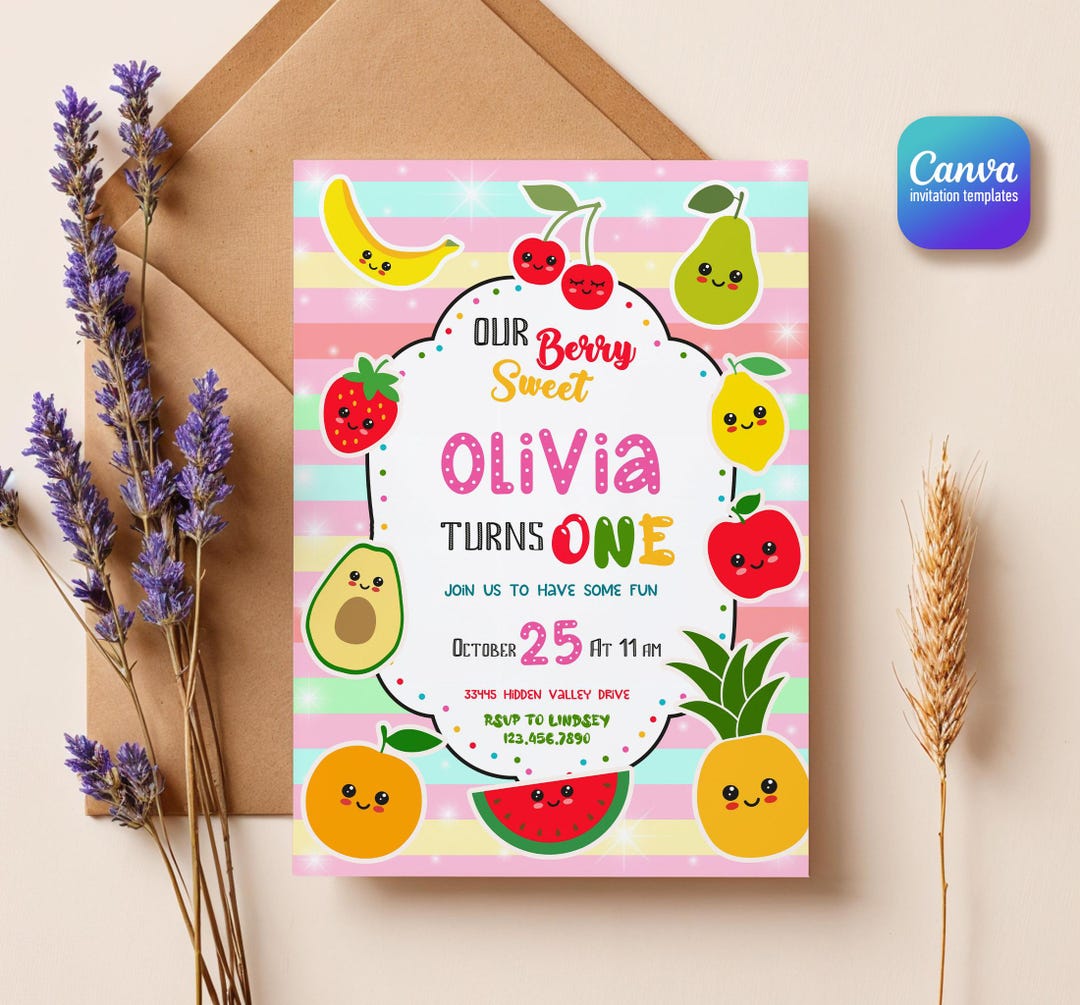 Dancing Fruits Birthday Invitation, Printable Hey Invite, Kawaii Party ...