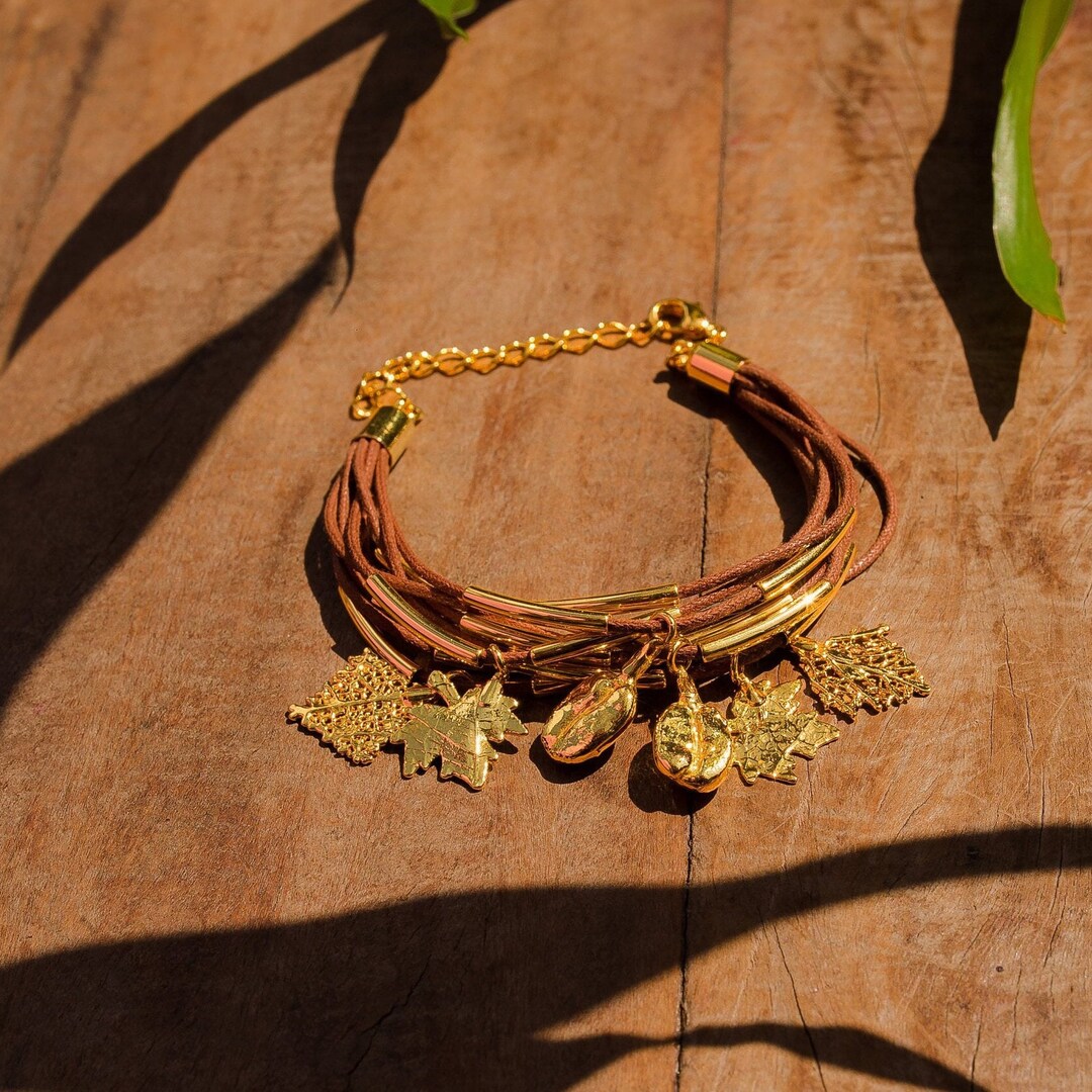 Charm Bracelet | Real Leaf Charms | 18k Recycled Gold | Handmade in ...
