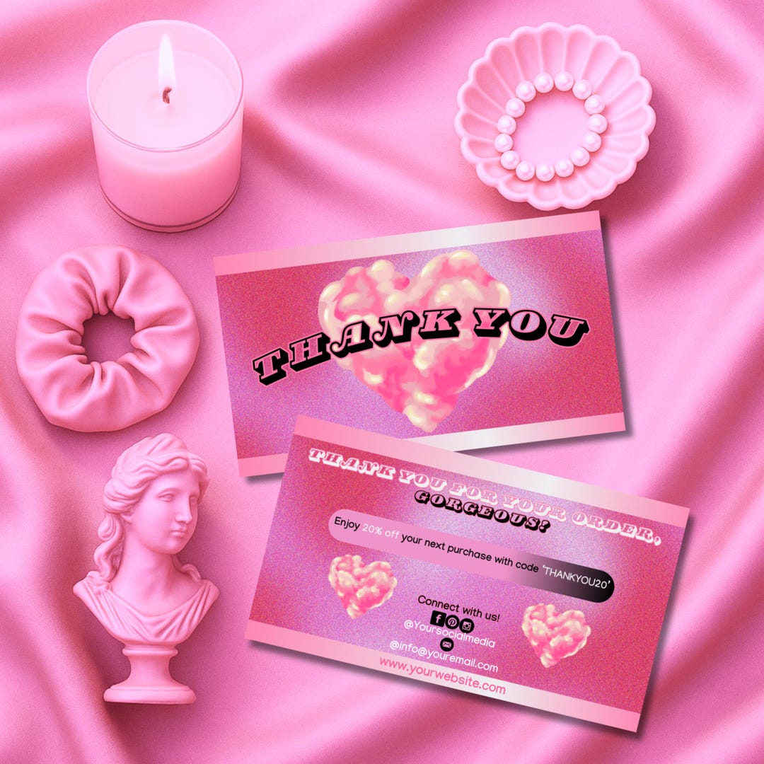 Y2K Heart Thank You Card Template, Canva, Pink Y2K Card, Editable Small ...
